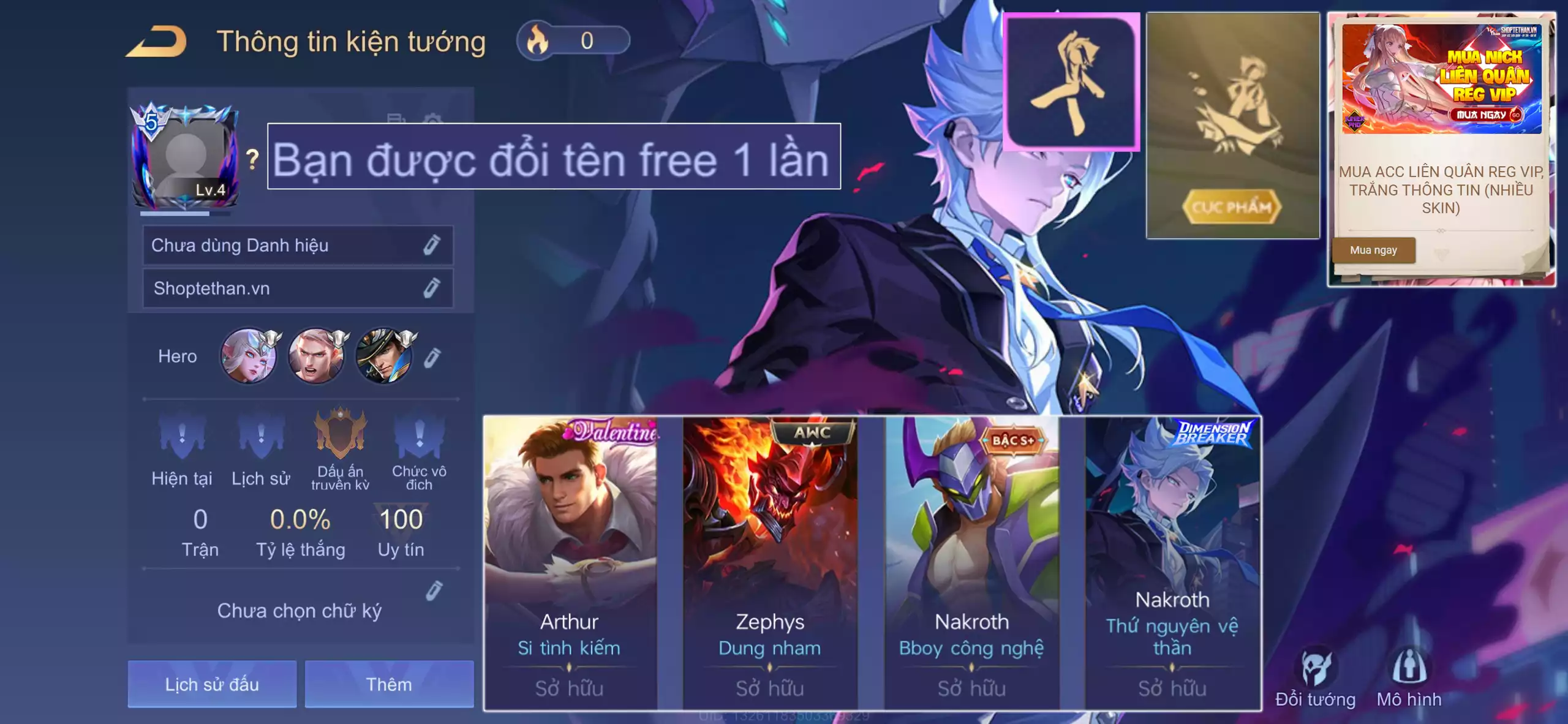 Acc #36384: ACC REG: Nakroth thứ nguyên vệ thần, 2 động tác độc quyền... sẵn tướng, dư vàng ...